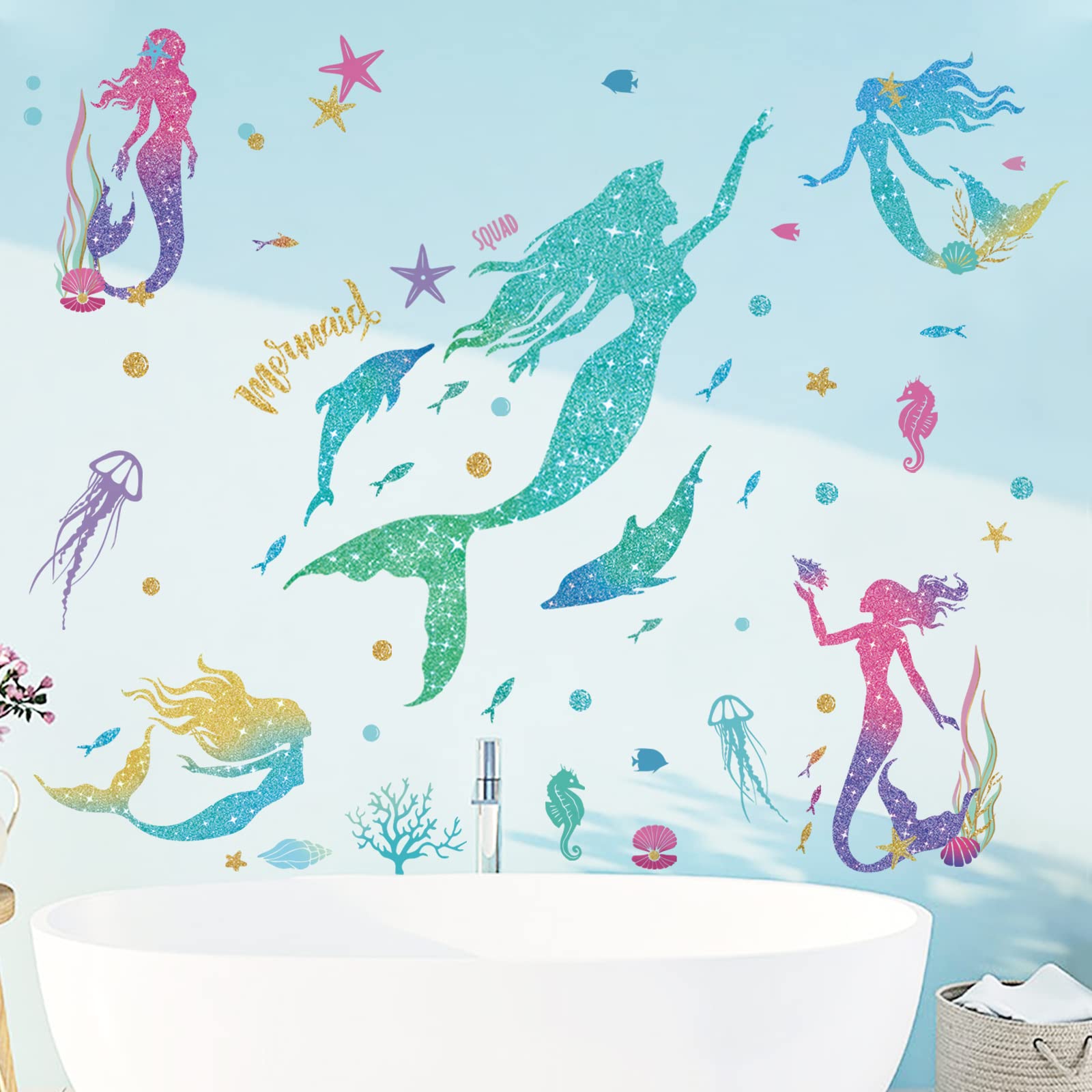 wondever Colorful Mermaid Wall Stickers Princess Underwater Peel and Stick Wall Art Decals for Girls Bedroom Baby Nursery Bathroom