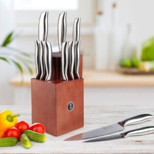 RITSU Knife Set, 13 Pieces Kitchen Knife Set with Block, German Steel Knife Block Set with 6pcs Serrated Steak Knives, Ultra Sharp Chef Knife Set with Hollow Handle