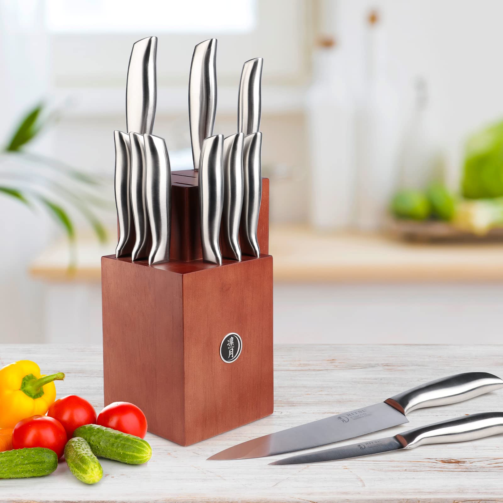 RITSU Knife Set, 13 Pieces Kitchen Knife Set with Block, German Steel Knife Block Set with 6pcs Serrated Steak Knives, Ultra Sharp Chef Knife Set with Hollow Handle