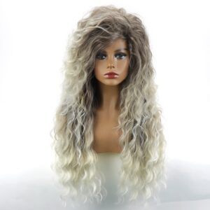 Fencca Ash Blonde Long Curly Wigs for Women Ombre Color Heat Synthetic Curly Wig Mix Blonde Curly Wavy Wig Layered Natural Daily Party Wig