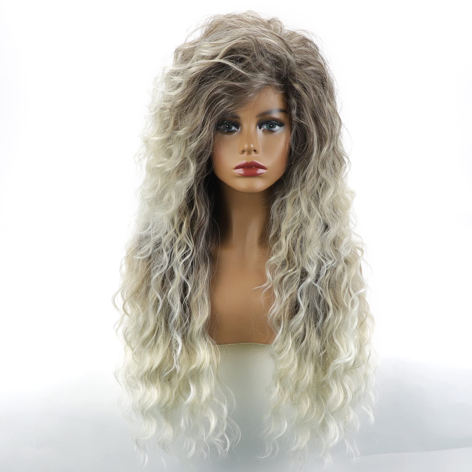 Fencca Ash Blonde Long Curly Wigs for Women Ombre Color Heat Synthetic Curly Wig Mix Blonde Curly Wavy Wig Layered Natural Daily Party Wig