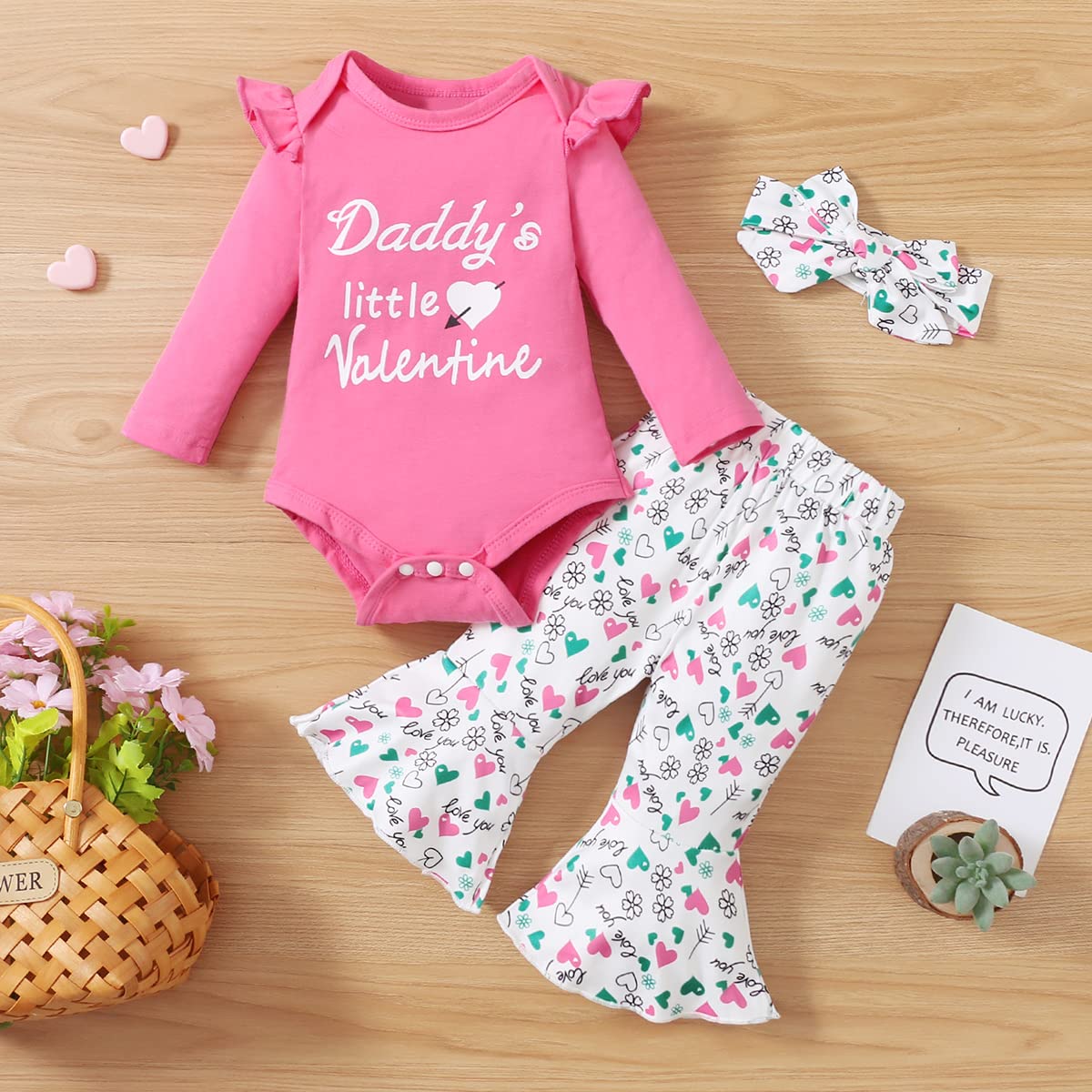 Detigee Baby Girls Valentine's Day Outfit Baby Daddy's Little Valentine Bodysuit(Pink-Bell-Bottom,3-6 Months)