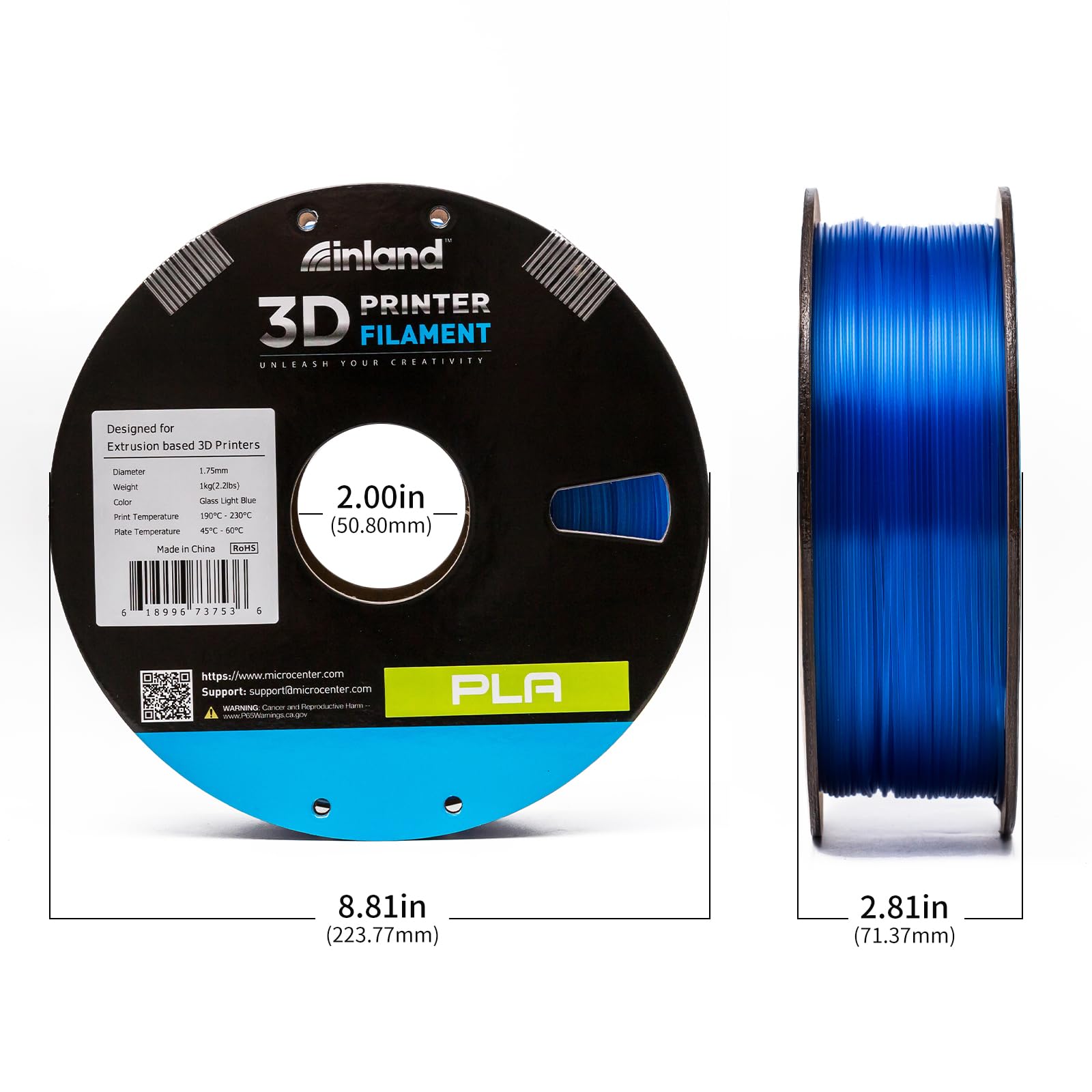 INLAND Micro Center Transparent Glass Blue PLA 3D Printer Filament 1.75mm, Blue Glass, Dimensional Accuracy +/- 0.03 mm, 1 kg Cardboard Spool (2.2 lbs), FDM/FFF Printers