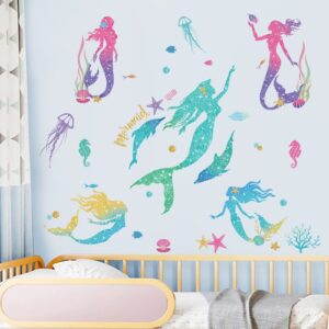 wondever colorful mermaid wall stickers princess underwater peel and stick wall art decals for girls bedroom baby nursery bathroom