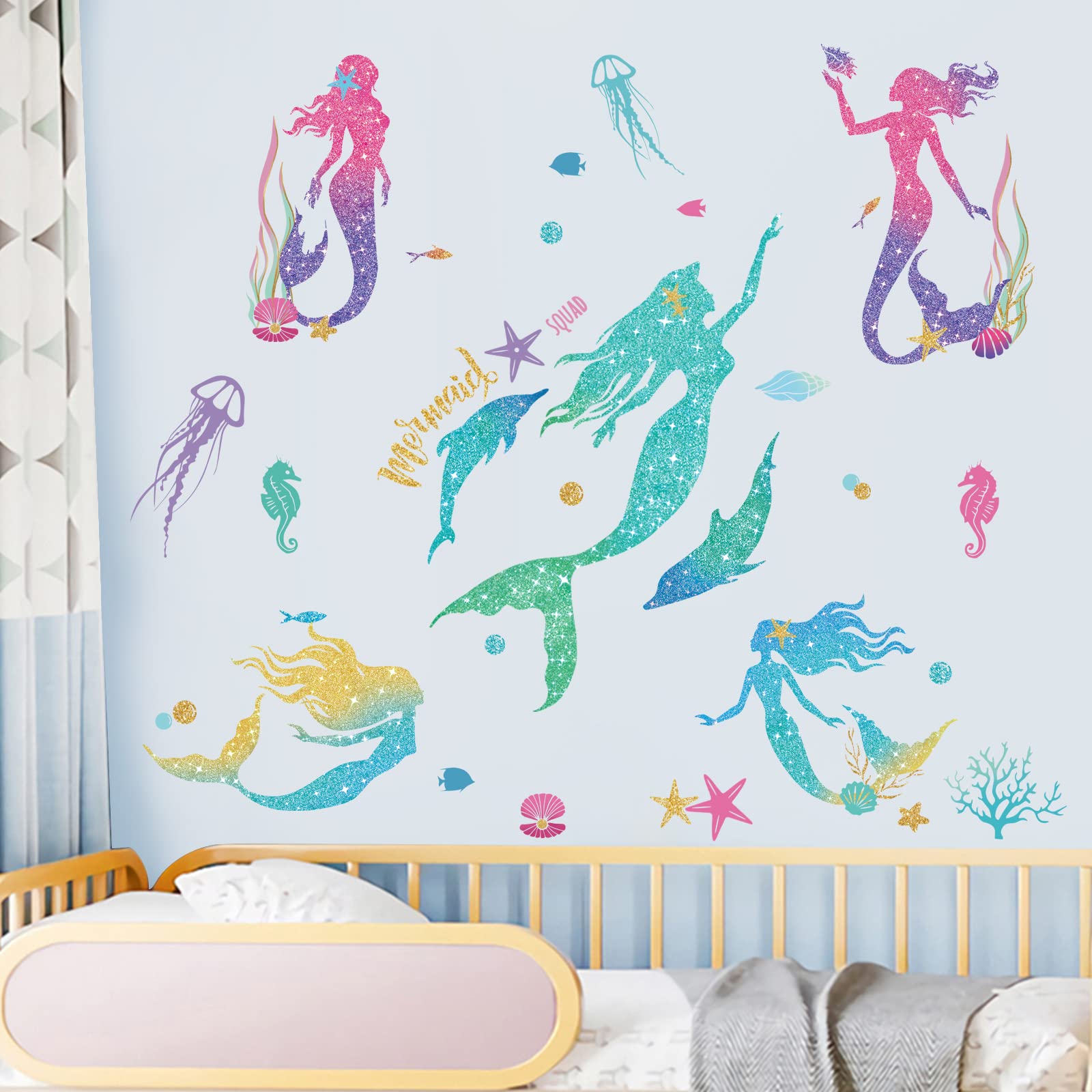 wondever Colorful Mermaid Wall Stickers Princess Underwater Peel and Stick Wall Art Decals for Girls Bedroom Baby Nursery Bathroom