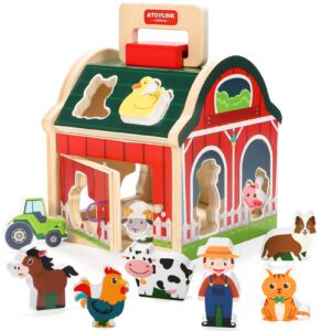 atoylink wooden farm toys for toddlers 1 2 3 year old take along matching sorting barn farm animals playset preschool learning educational toy for kids boys girls