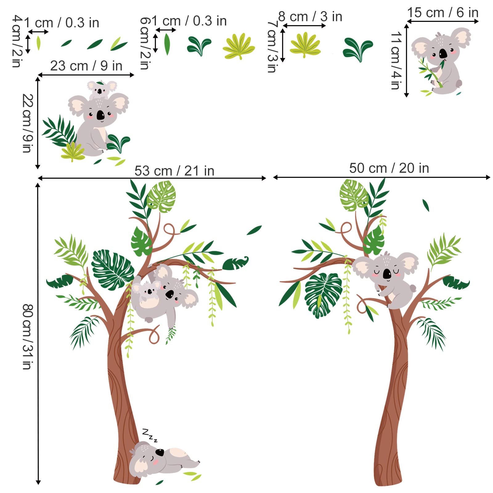 wondever Koala and Tree Branch Wall Stickers Animal Tropical Palm Tree Peel and Stick Wall Art Decals for Kids Baby Nursery Bedroom