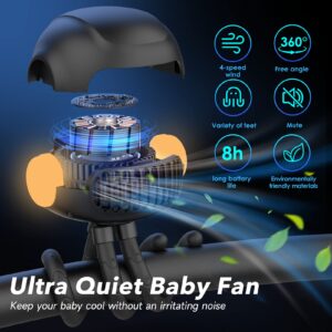 Inverter Table Fans With LED Lights｜USB Fans Rechargeable 4000mAh Portable Robot Flexible Tripod Clip ｜4 Speeds 360°Adjustment, for Baby Stroller, Bedside, Desktop｜Where You Can Stand and Hang (Black)