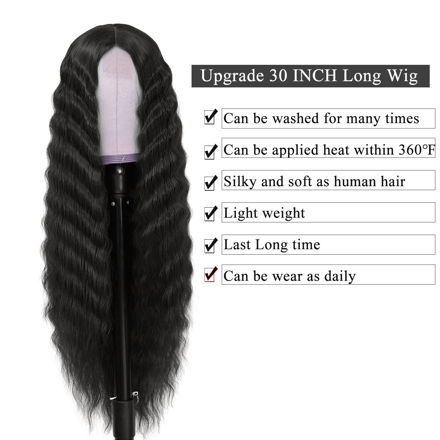 INSTASTYLE 30 Inch Synthetic Curly Wigs for Women Long Black Hair Wig Lace Front 4" Simulated Scalp Natural Loose Deep Wave Crimps Curls Wig As Hair Replacement Wigs 1B