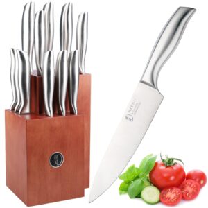 ritsu knife set, 13 pieces kitchen knife set with block, german steel knife block set with 6pcs serrated steak knives, ultra sharp chef knife set with hollow handle