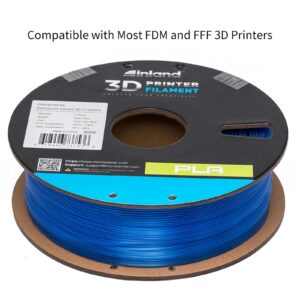 INLAND Micro Center Transparent Glass Blue PLA 3D Printer Filament 1.75mm, Blue Glass, Dimensional Accuracy +/- 0.03 mm, 1 kg Cardboard Spool (2.2 lbs), FDM/FFF Printers