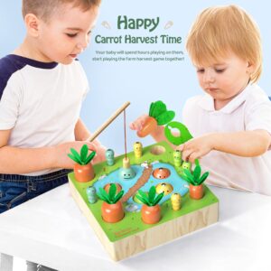 Montessori Toys for 1 2 3 Year Old Boys Girls, Wooden Developmental Toys for Baby Carrot Harvest Game Magnetic Fishing Catching Worm Toddler Preschool Shape Sorting Matching Toys Gifts for Birthday