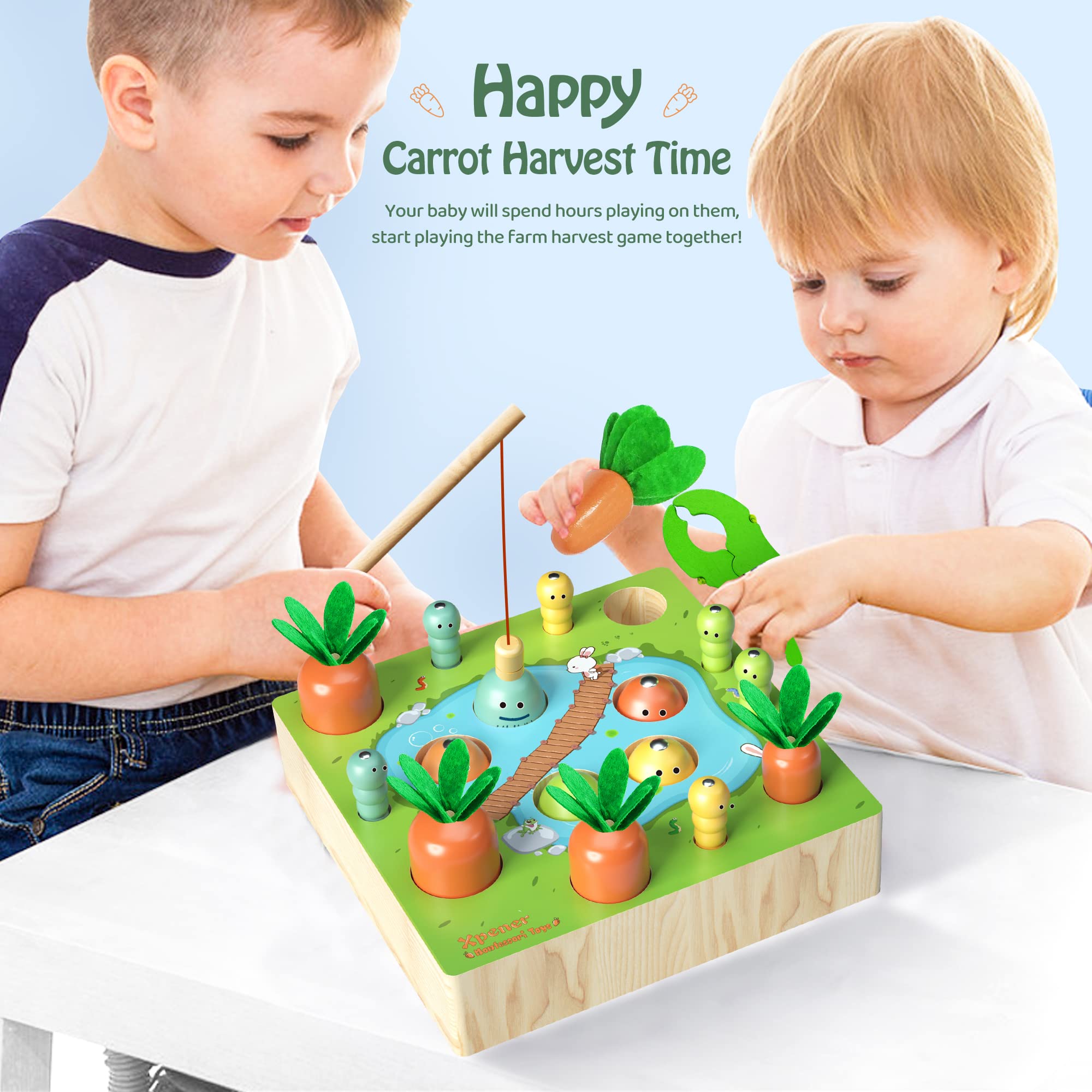 Montessori Toys for 1 2 3 Year Old Boys Girls, Wooden Developmental Toys for Baby Carrot Harvest Game Magnetic Fishing Catching Worm Toddler Preschool Shape Sorting Matching Toys Gifts for Birthday