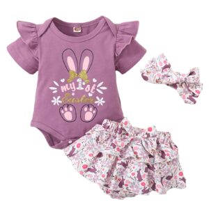 sinhoon my 1st easter baby girl outfits newborn letter romper+bunny ruffled shorts+headband 3pcs clothes(purple,3-6m)