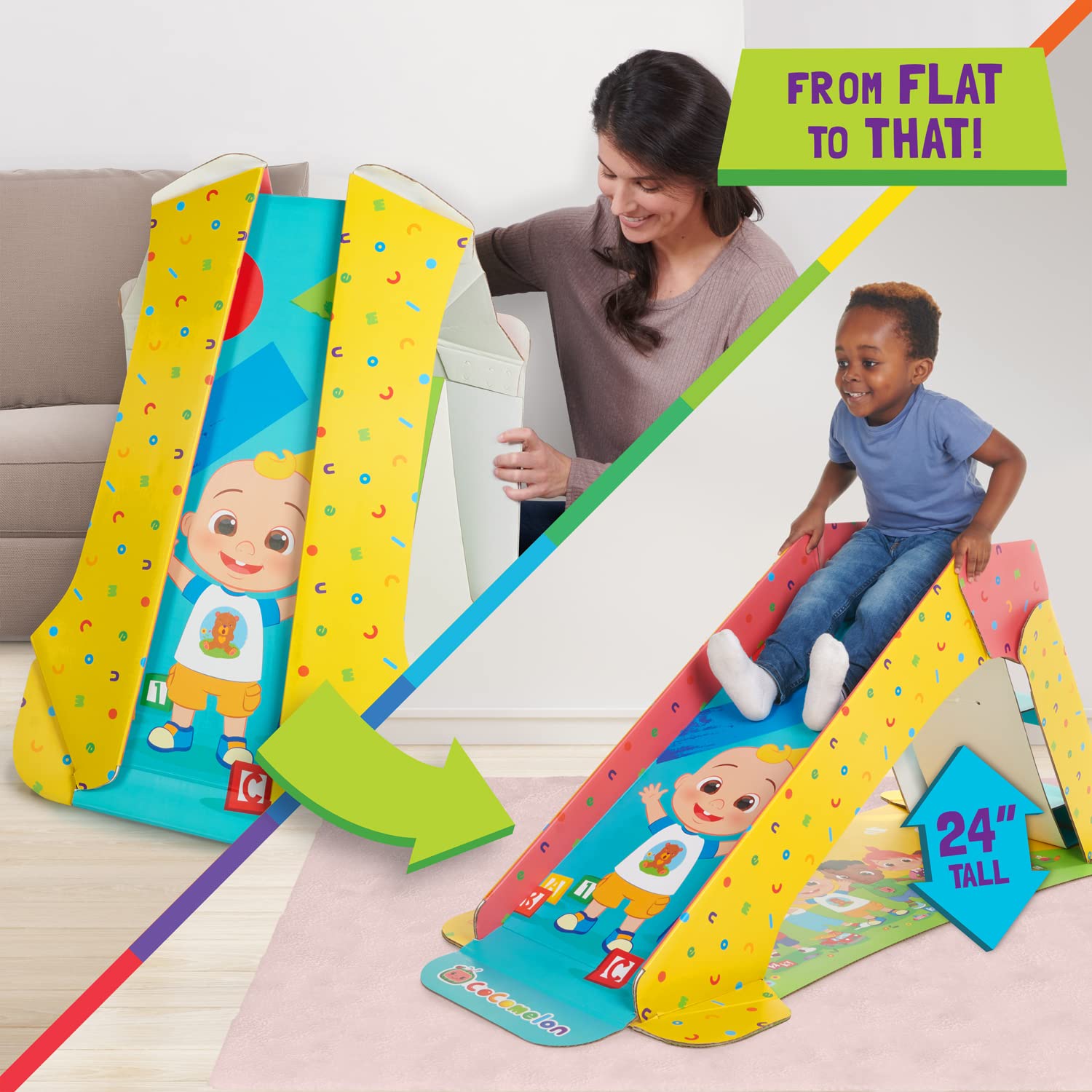 Pop2Play Cocomelon Indoor Playground for Toddlers – StrongFold Technology Cardboard Toddler Slide by WowWee, Multicolor