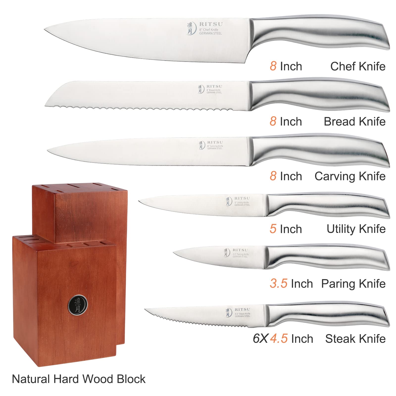 RITSU Knife Set, 13 Pieces Kitchen Knife Set with Block, German Steel Knife Block Set with 6pcs Serrated Steak Knives, Ultra Sharp Chef Knife Set with Hollow Handle