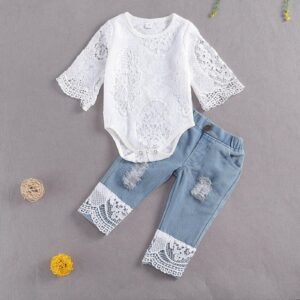 ZIYIXIN Baby Girls Summer Clothes Set Lace Hollow Out Long Sleeve Romper + Ripped Patchwork Jeans Infant Cute 2Pcs Outfits (Blue, 3-6 Months)