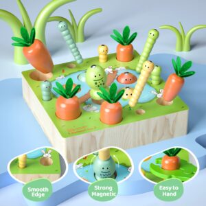 Montessori Toys for 1 2 3 Year Old Boys Girls, Wooden Developmental Toys for Baby Carrot Harvest Game Magnetic Fishing Catching Worm Toddler Preschool Shape Sorting Matching Toys Gifts for Birthday