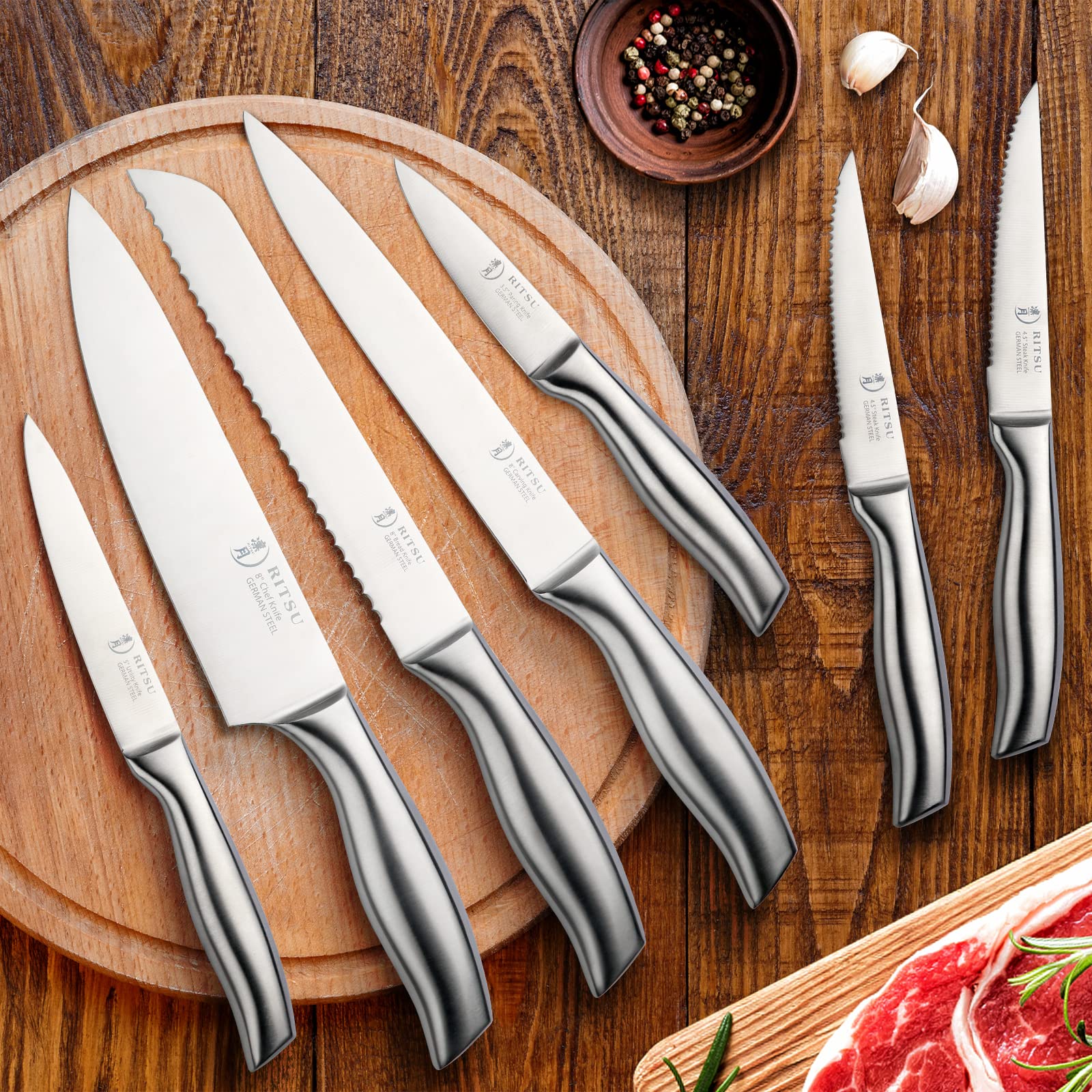 RITSU Knife Set, 13 Pieces Kitchen Knife Set with Block, German Steel Knife Block Set with 6pcs Serrated Steak Knives, Ultra Sharp Chef Knife Set with Hollow Handle