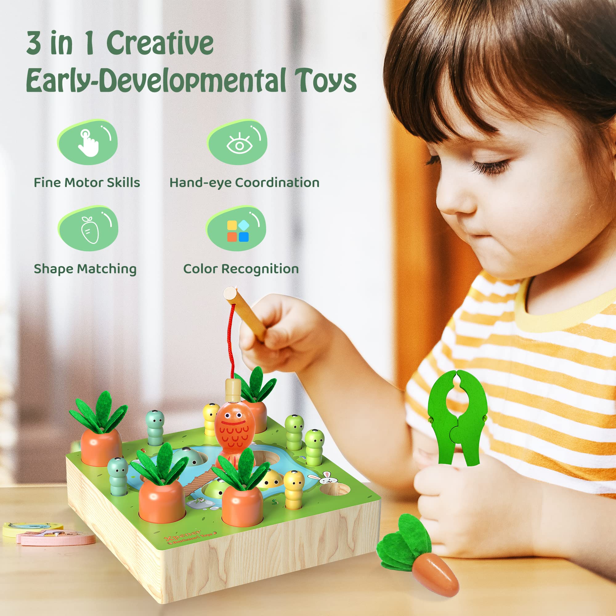 Montessori Toys for 1 2 3 Year Old Boys Girls, Wooden Developmental Toys for Baby Carrot Harvest Game Magnetic Fishing Catching Worm Toddler Preschool Shape Sorting Matching Toys Gifts for Birthday