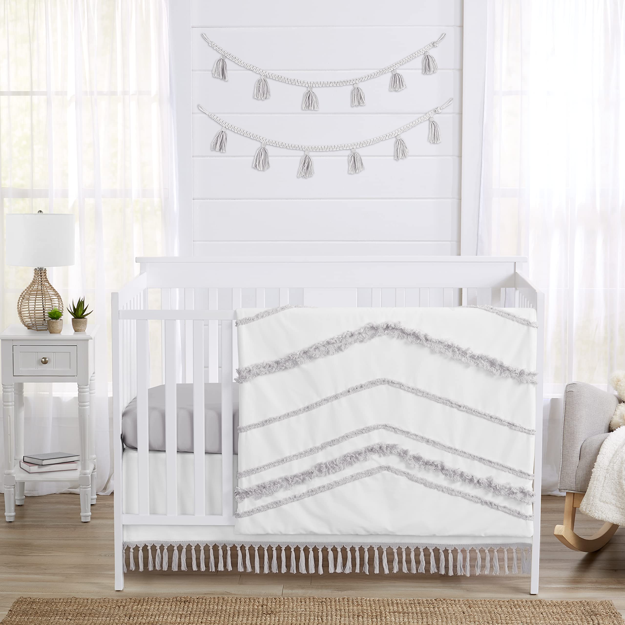 Sweet Jojo Designs Boho Bohemian Baby Boy Girl Nursery Crib Bedding Set - 4 pieces - Grey White Farmhouse Shabby Chic Designer Modern Minimalist Gray Tuft Tufted Tassel Fringe Macrame Cotton Neutral