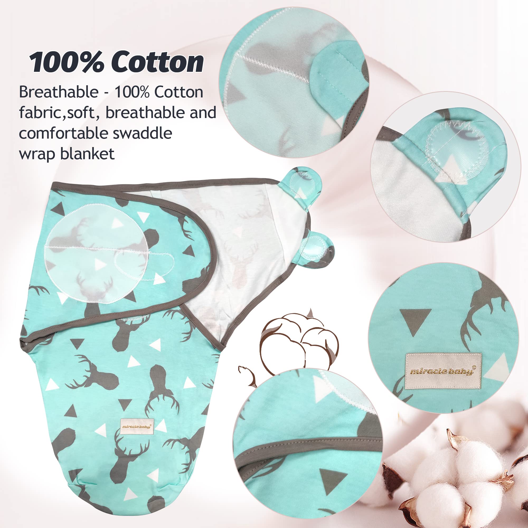 2 Pack Newborn Swaddle Blanket Adjustable Wrap Receiving Blanket Baby 100% Cotton Sleep Bag for Baby Boy and Girl(Dinosaur + Deer, L)