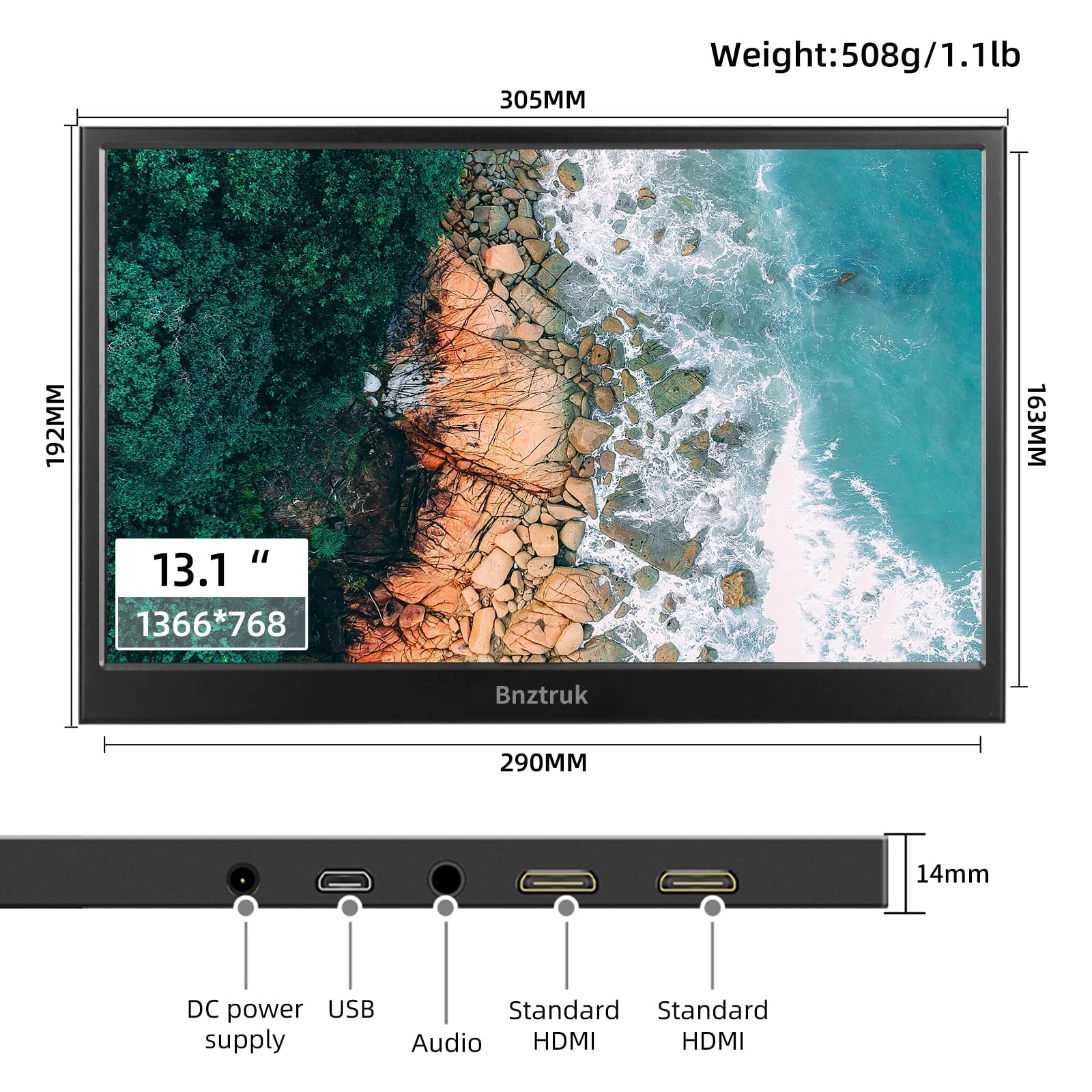 Bnztruk 13 Inch Portable Monitor HDMI HD 1366x768 External Small HDMI Monitor for Computer Laptop PS4 Raspberry Pi WiiU Xbox 360 CCTV Windows 7/8/10,PC 16:9 Display,60HZ,Lightweight/Plug& Play