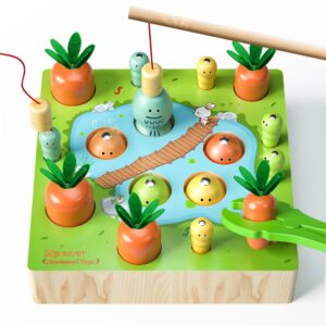 montessori toys for 1 2 3 year old boys girls, wooden developmental toys for baby carrot harvest game magnetic fishing catching worm toddler preschool shape sorting matching toys gifts for birthday