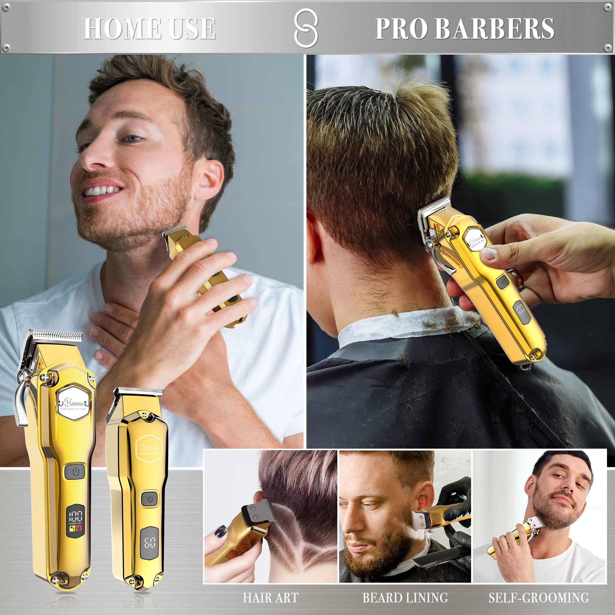 Hatteker Hair Clipper & Trimmer Set for Men IPX7 Waterproof Cordless Barber Clipper for Hair Cutting Kit with T-Blade Trimmer Beard Trimmer Kids Clipper Professional USB Rechargeable (Gold)