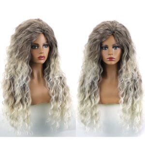 Fencca Ash Blonde Long Curly Wigs for Women Ombre Color Heat Synthetic Curly Wig Mix Blonde Curly Wavy Wig Layered Natural Daily Party Wig