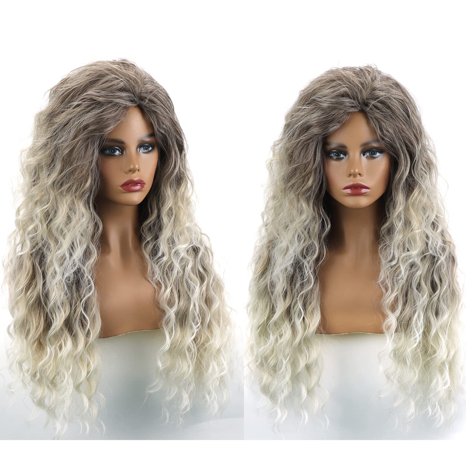 Fencca Ash Blonde Long Curly Wigs for Women Ombre Color Heat Synthetic Curly Wig Mix Blonde Curly Wavy Wig Layered Natural Daily Party Wig