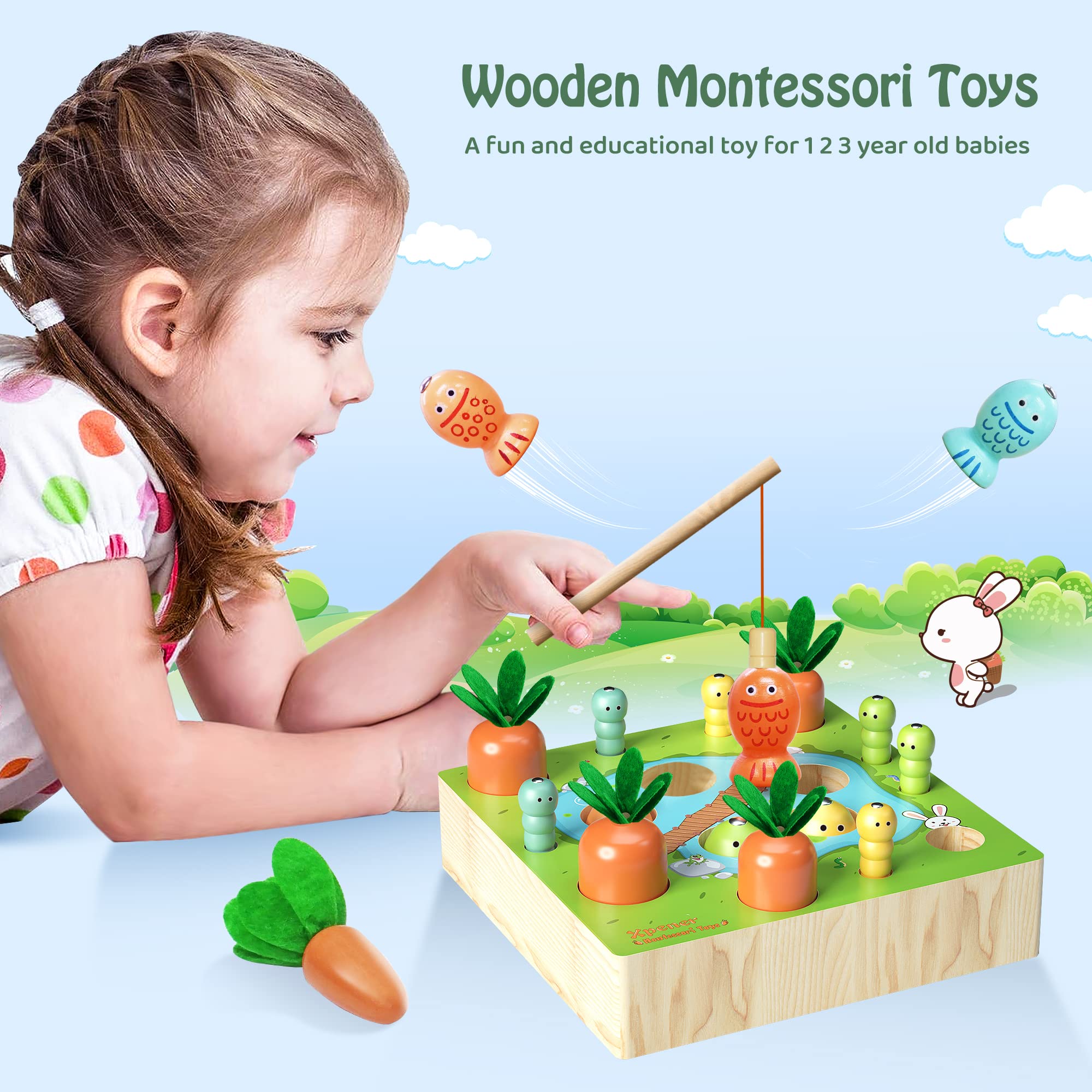 Montessori Toys for 1 2 3 Year Old Boys Girls, Wooden Developmental Toys for Baby Carrot Harvest Game Magnetic Fishing Catching Worm Toddler Preschool Shape Sorting Matching Toys Gifts for Birthday