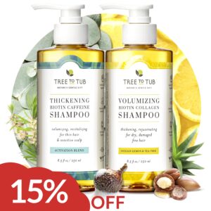 tree to tub volumizing biotin shampoo & conditioner bundle - for thicker, stronger, shinier hair - formulated with collagen, caffeine, argan oil & pure essential oils - 2 x 8.5 oz. bottles