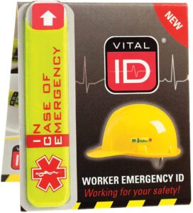 smartsign (pack of 5) 0.5 x 2.75 inch “in case of emergency” worker id hard hat reflective sticker, 30 mil non-conductive vinyl with acrylic adhesive, fluorescent lime-yellow & red, made in usa