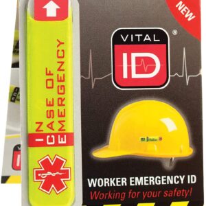 SmartSign (Pack of 5) 0.5 x 2.75 inch “in Case of Emergency” Worker ID Hard Hat Reflective Sticker, 30 mil Non-Conductive Vinyl with Acrylic Adhesive, Fluorescent Lime-Yellow & Red, Made in USA