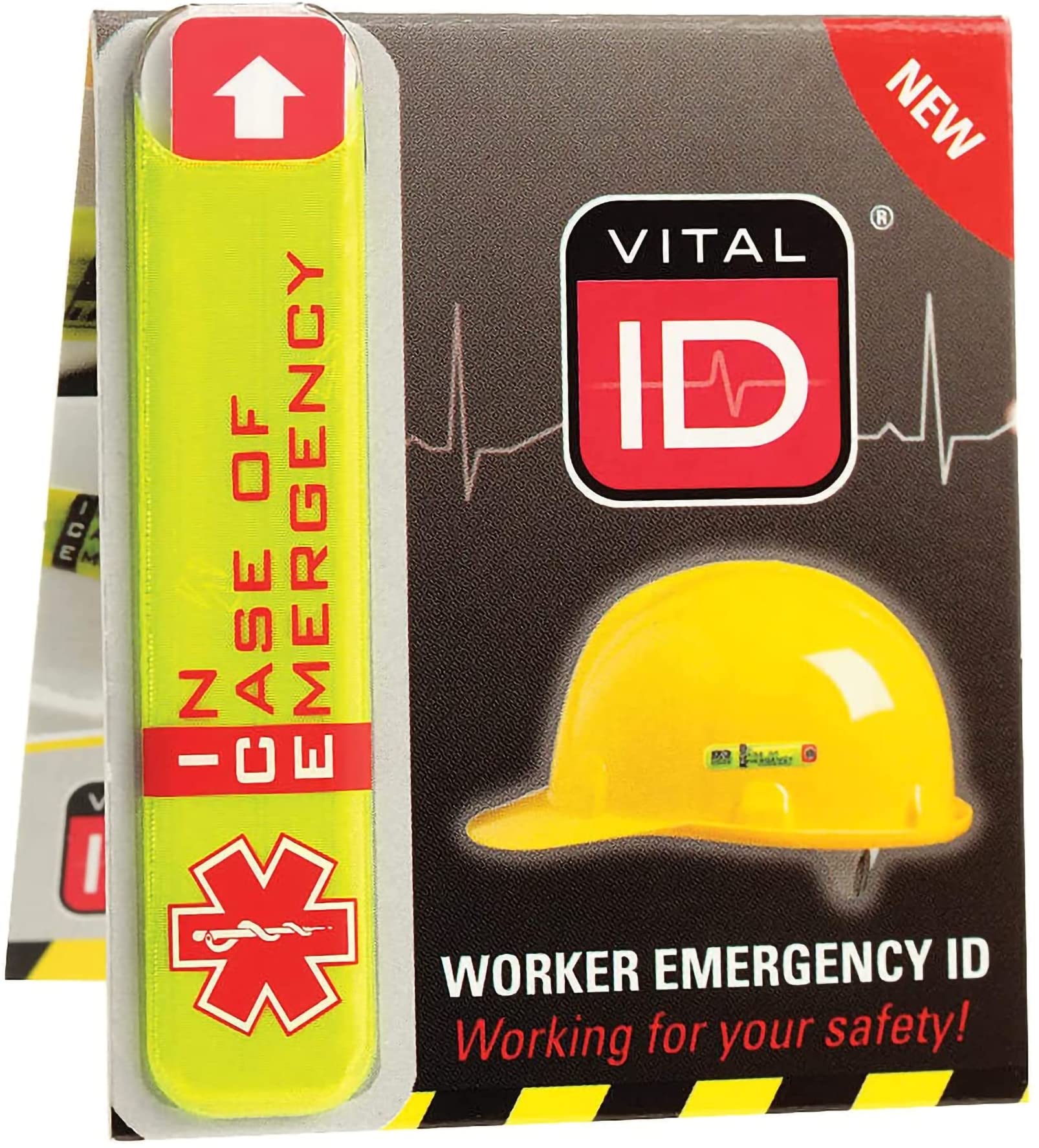 SmartSign (Pack of 5) 0.5 x 2.75 inch “in Case of Emergency” Worker ID Hard Hat Reflective Sticker, 30 mil Non-Conductive Vinyl with Acrylic Adhesive, Fluorescent Lime-Yellow & Red, Made in USA