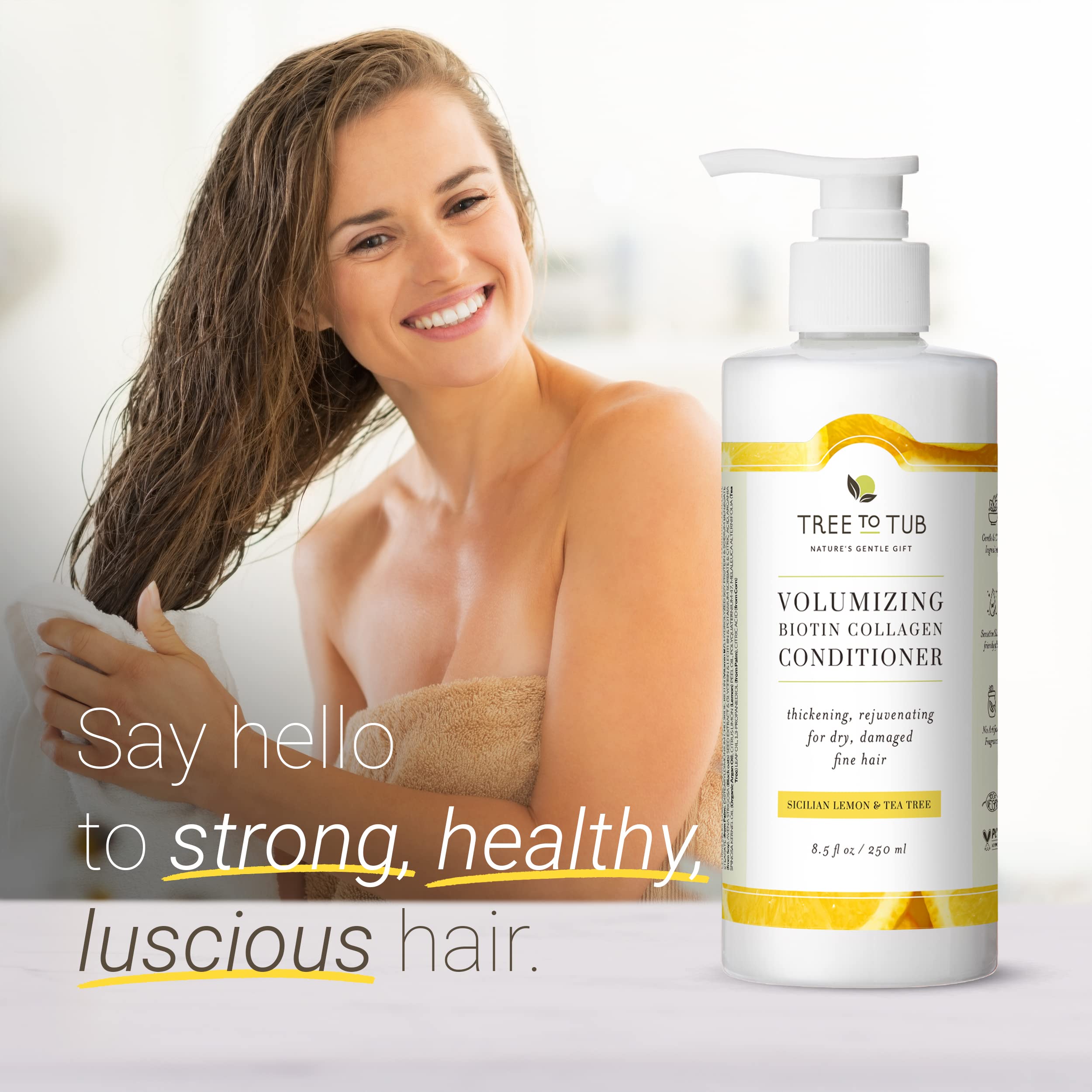 Tree To Tub Volumizing Biotin Shampoo & Conditioner Bundle - For Thicker, Stronger, Shinier Hair - Formulated with Collagen, Caffeine, Argan Oil & Pure Essential Oils - 2 x 8.5 oz. Bottles