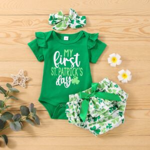 oneflow Baby Girl St Patricks Day Outfit Short Sleeve Shirt Romper Onesie Clover Shorts My First St. Patricks Summer Clothes (A-Green Outfit, 0-3 Months)