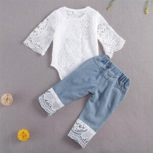 ZIYIXIN Baby Girls Summer Clothes Set Lace Hollow Out Long Sleeve Romper + Ripped Patchwork Jeans Infant Cute 2Pcs Outfits (Blue, 3-6 Months)