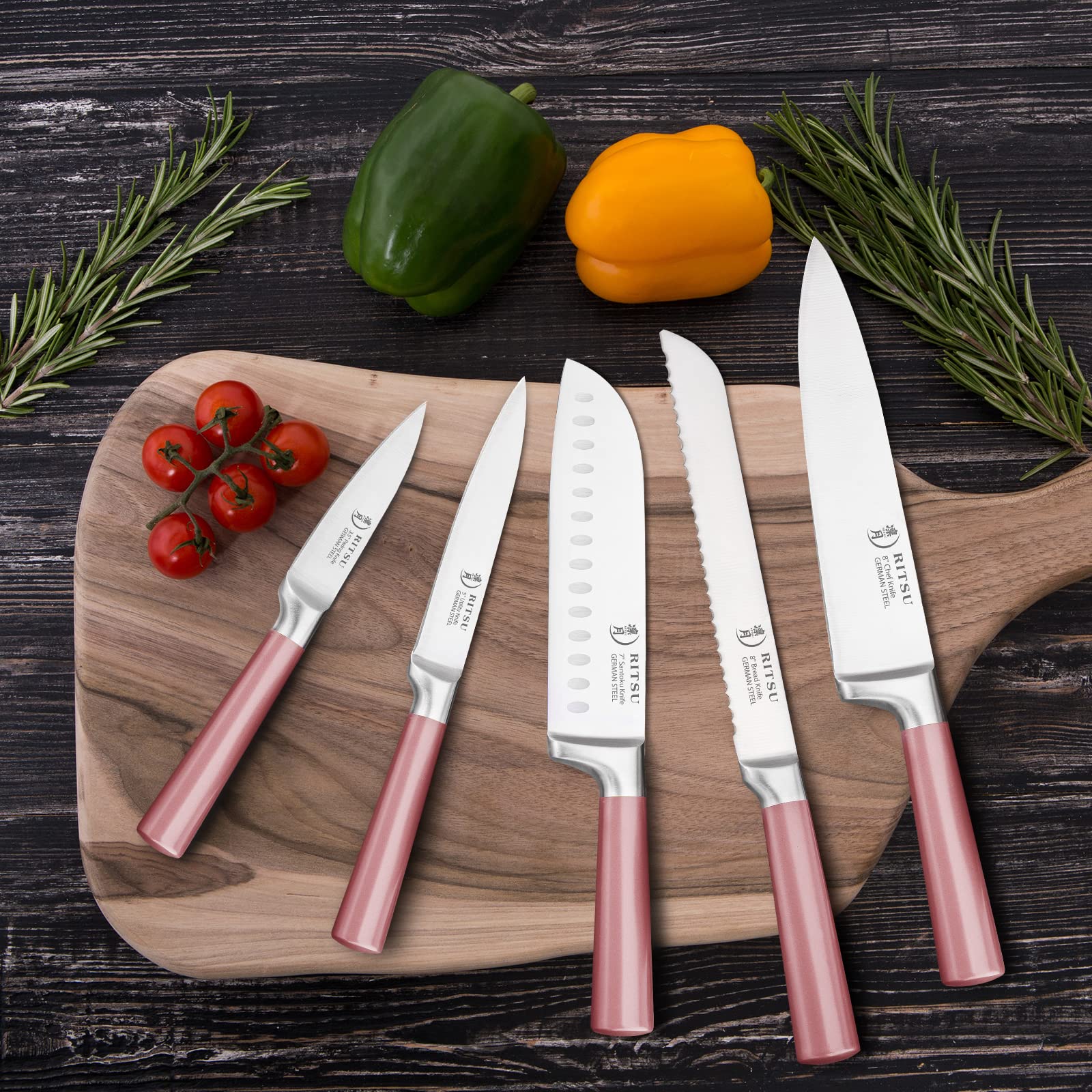 RITSU Knife Set - Professional 6 Pieces Knife Set With Block - Premium German Steel Chef Knife Set With Hollow Handle - Pink