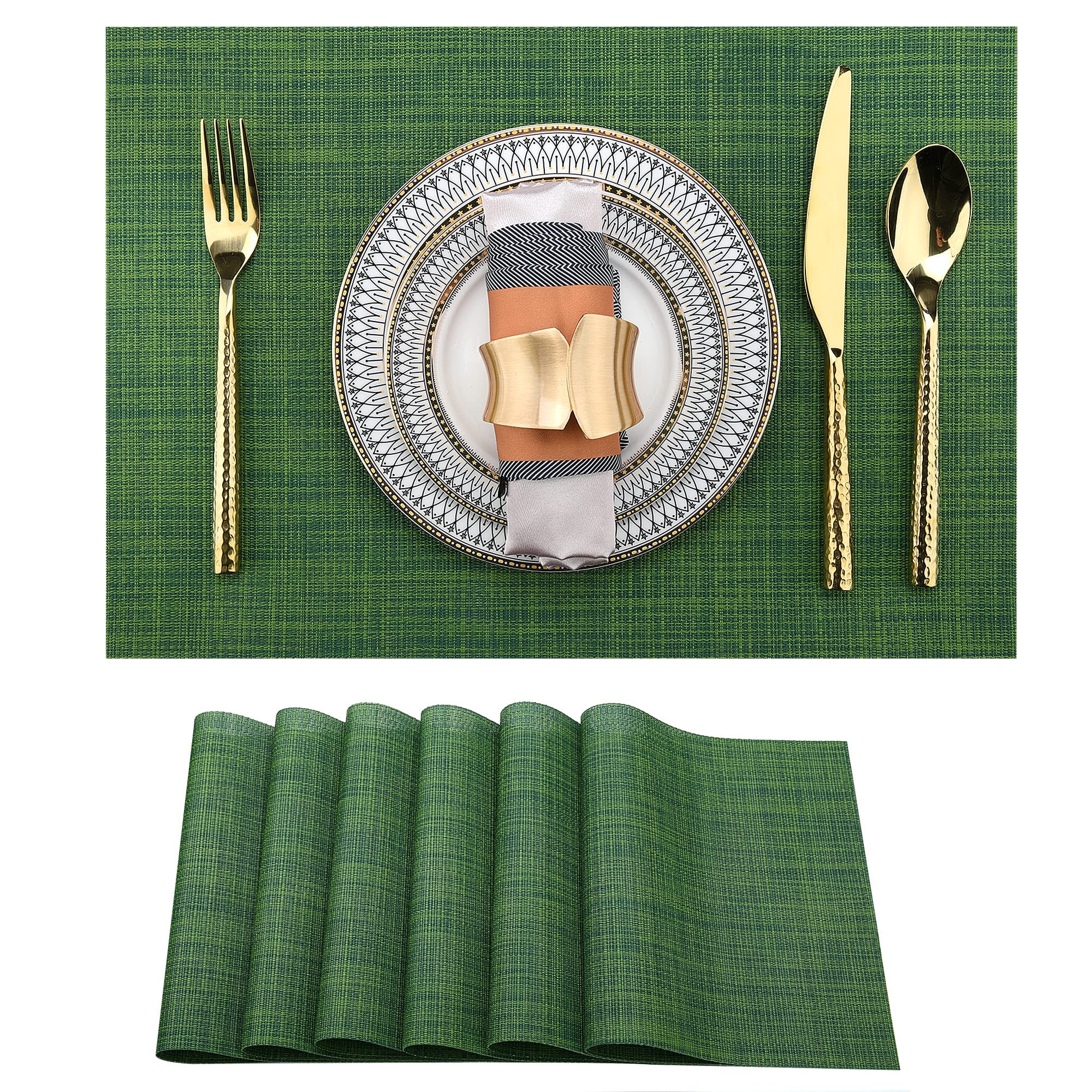 SLKQG Green Placemats Set of 6 - Wipe Clean Vinyl Placemats - Washable Heat Resistant PVC Table Mats for Dining Table - 17x12 Inch (Green, 6)