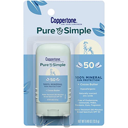 Coppertone Pure and Simple Mineral Sunscreen Pack with Zinc Oxide Protection, Hypoallergenic, Sunscreen Spray SPF 50, 5 Oz Can + SPF 50 Sunscreen Stick, 0.49 Oz, Holiday Gifts for Self Care