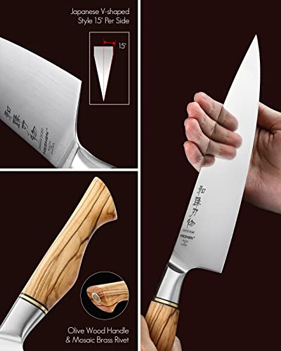 HEZHEN Chef's Knife-Professional-8.3 inch 14C28N Sandvik Steel, Kitchen Knife Gyuto Knife-Master Series Chef Cooking Tool at Home,Restaurant-Olive Wood Handle