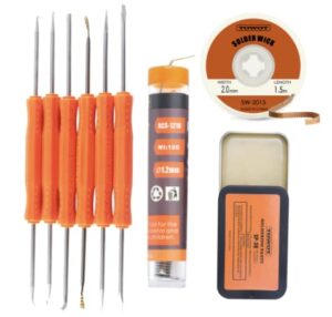 9 pcs soldering accessories kit includes 6 pcs double sided soldering assist aid repair tool, welding wire, no-clean solder wick braid, rosin paste flux for electronics repair and soldering