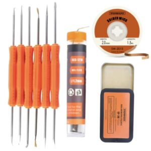 9 Pcs Soldering Accessories Kit Includes 6 Pcs Double Sided Soldering Assist Aid Repair Tool, Welding Wire, No-clean Solder Wick Braid, Rosin Paste Flux for Electronics Repair and Soldering