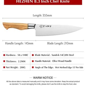 HEZHEN Chef's Knife-Professional-8.3 inch 14C28N Sandvik Steel, Kitchen Knife Gyuto Knife-Master Series Chef Cooking Tool at Home,Restaurant-Olive Wood Handle