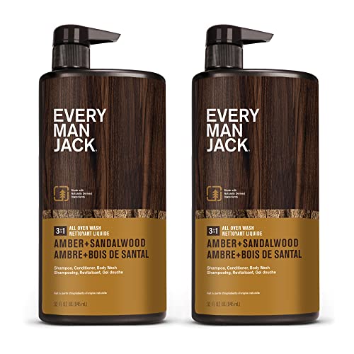 Every Man Jack Men’s Cleansing 3-in-1 All Over Wash for All Skin and Hair Types - Amber + Sandalwood Scent - Cleanse and Nourish Skin and Hair with Naturally Derived Soy Proteins, Aloe - 32 fl oz (2 Pack)