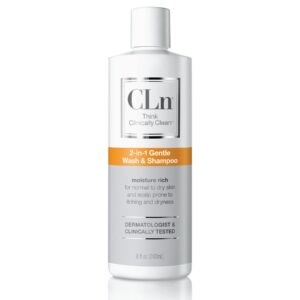 cln® 2-in-1 gentle wash & shampoo- multi-functional cleanser for skin & scalp prone to irritation, flaking, itching, dryness & razor bumps, fragrance-free & paraben-free, 8 fl. oz.