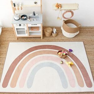 the happy hippo baby nursery rug decor, safe, stylish, and washable tummy time playmat for bedroom or living room floor, boho rainbow design for toddler or kids playroom, 41 x 57 inches