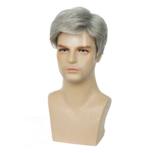 Baruisi Men Wigs Short Silver Gray Wig Synthetic Heat Resistant Natural Halloween Cosplay Hair Wig